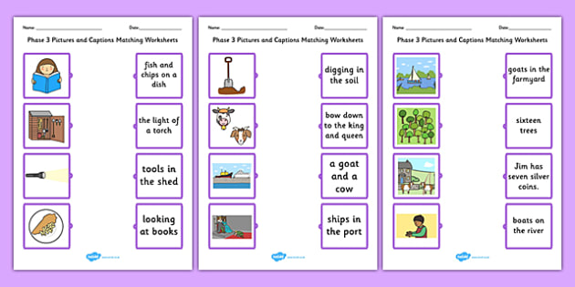 Phase 3 Pictures and Captions Matching Worksheets - phase 3