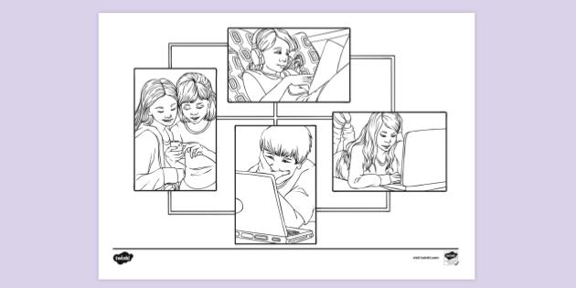 Children Communicate Over Computer & Tablet Colouring Sheet