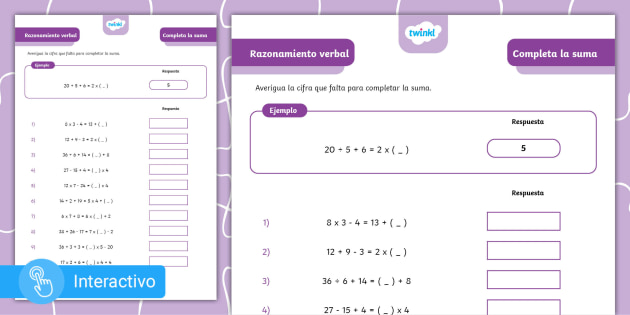 Ficha: Razonamiento verbal - Completa la suma #1 - Twinkl Puzzled