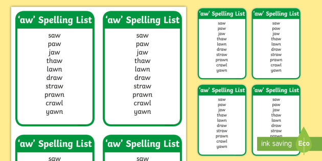 'aw' Words Phonics List Spelling Cards | Twinkl Resources