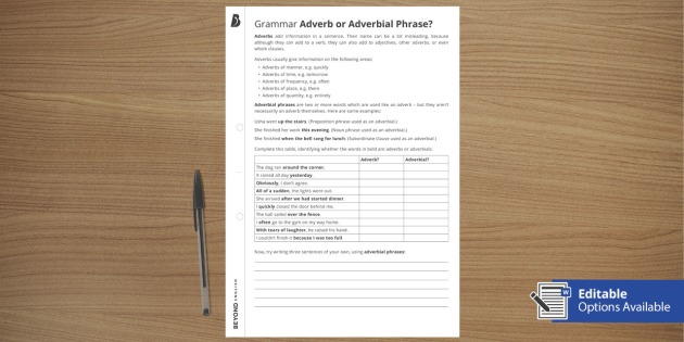 Adverbs or Adverbials Worksheet | KS3 SpaG | Beyond English