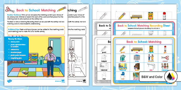 Back to School Sensory Bin Matching Activity Mat