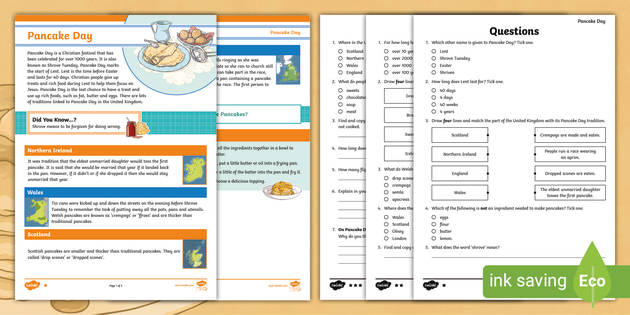 LKS2 Pancake Day Differentiated Reading Comprehension Activity