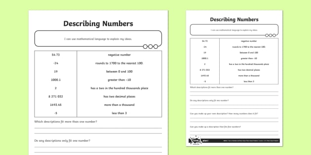 Describing Numbers Worksheet / Worksheet (Teacher-Made)