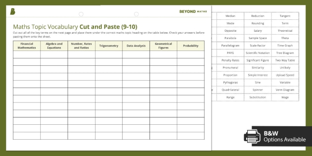 Maths Vocabulary Cut and Paste Activity - Beyond Secondary