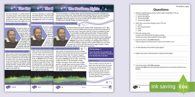 UKS2 The Northern Lights Reading Comprehension Activity