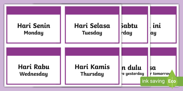Days of the Week Flashcards Indonesian (teacher made)