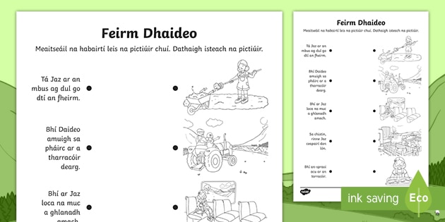 Bileog Oibre: Meaitseáil Abairtí agus Pictiúr, Feirm Daideo