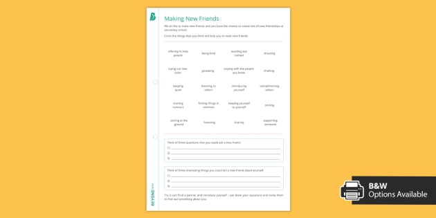 FREE! - Making New Friends at Secondary School Worksheet | Beyond