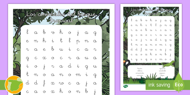 Sopa de letras: Los animales del bosque tropical