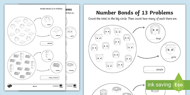 Number Bonds to 13 Problems Worksheet (teacher made)