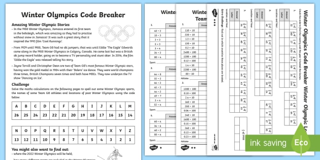 KS2 Winter Olympics Codebreaker Differentiated Activity Sheets