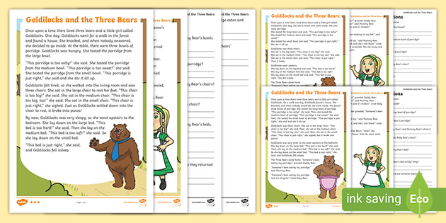 Goldilocks and the Three Bears Reading Comprehension Activity
