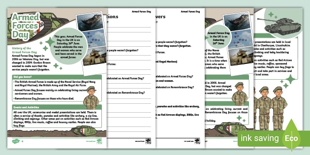 KS1 Armed Forces Day Differentiated Reading Comprehension Activity