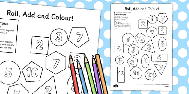 2D Shapes Roll and Color Dice Addition Activity