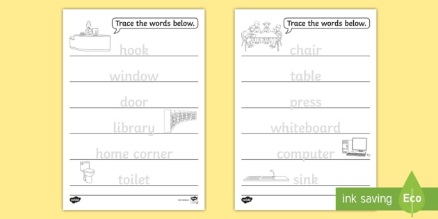 The School Aistear Classroom Trace the Words Worksheet