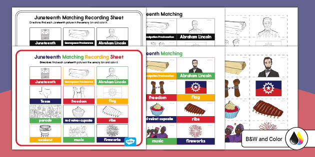 Juneteenth Sensory Bin Matching Activity Mats (teacher made)