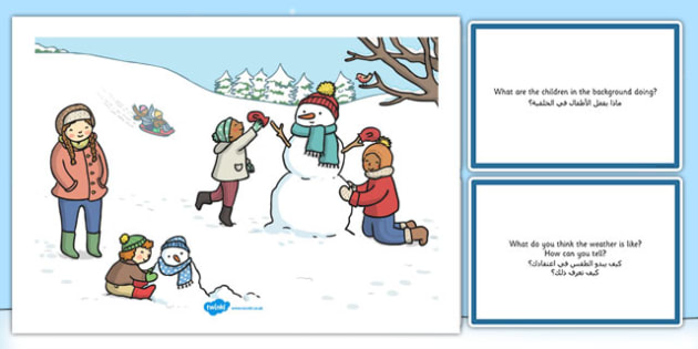 Winter Snowman Scene and Question Cards Arabic Translation