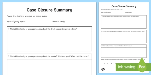 Closure Summary Young People & Families Case File Recording Template