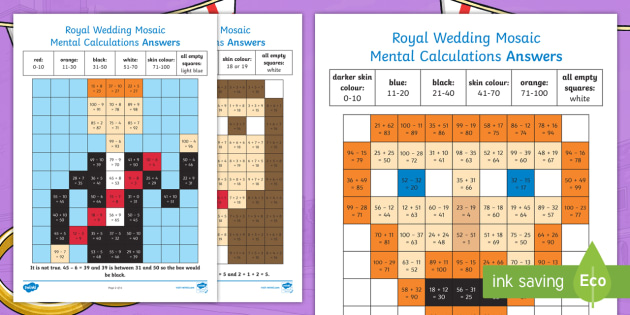 KS1 Royal Wedding Mental Calculation Maths Mosaic Worksheets