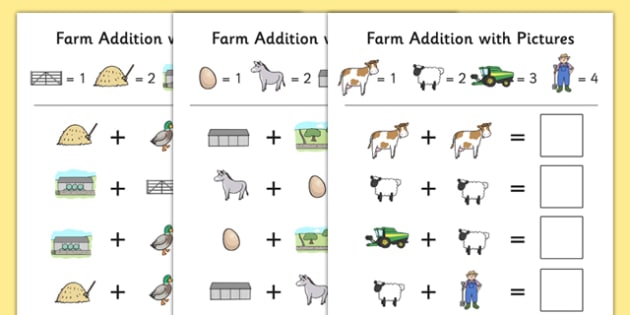 Farm Themed Addition with Pictures Worksheet / Worksheet Pack