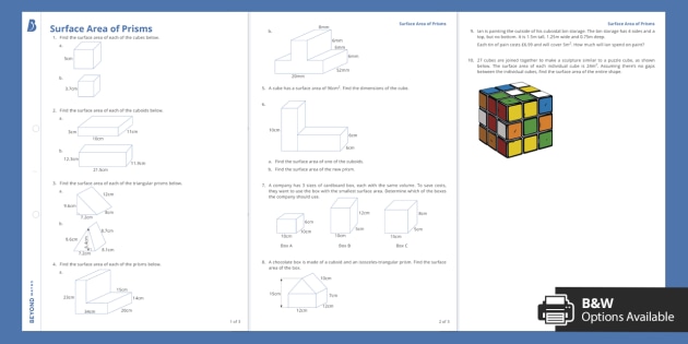 Surface Areas Of Prisms And Cylinders Worksheets Surface Area