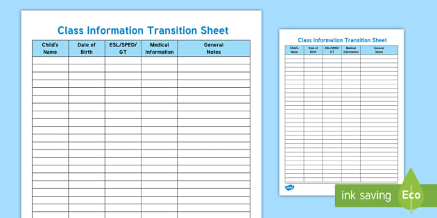 Class Information Transition Sheet (teacher made)