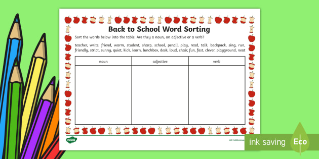 Back to School Parts of Speech Word Sort Worksheet
