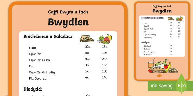 Bwydlen Caffi Bwyta'n Iach Bwydlen Chwarae Rôl