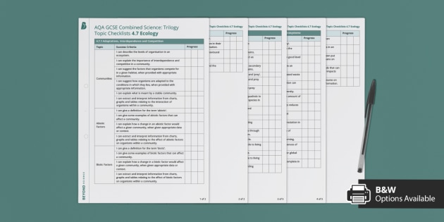 Ecology Progress Sheet | AQA Science | Beyond (teacher made)