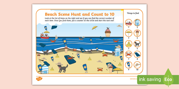 Beach Scene Hunt And Count To 10 Activity Sheet
