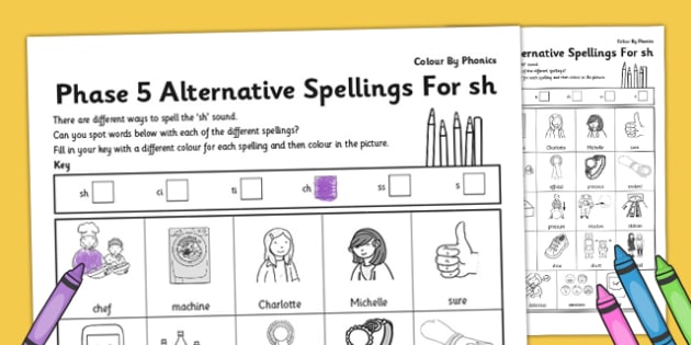 Phase 5 Colour by Spelling 'sh' - phase 5, colour, spelling, sh