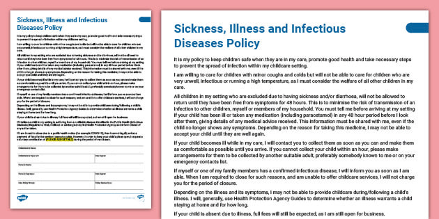 Illness and Infection Policy for Childminders | Editable