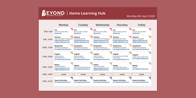 FREE! - Beyond Home Learning Hub Timetable 6th - 10th April