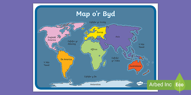 Map o’r Byd gydag Enwau’r Cyfandiroedd a’r Cefnforoedd