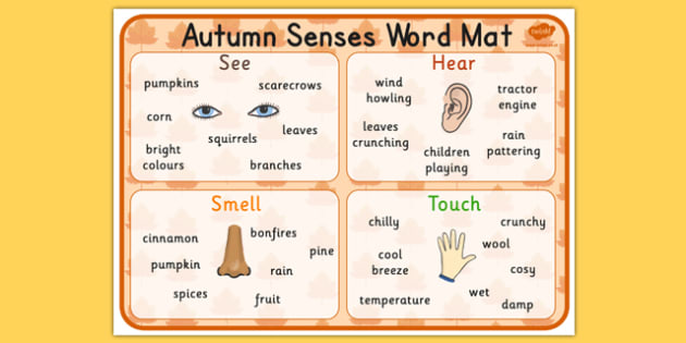 Autumn Senses Word Mat - seasons, weather, visual aid, keywords