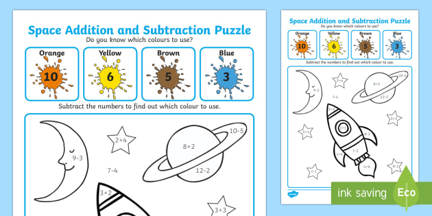 Space Addition and Subtraction Puzzle (0-10) (teacher made)