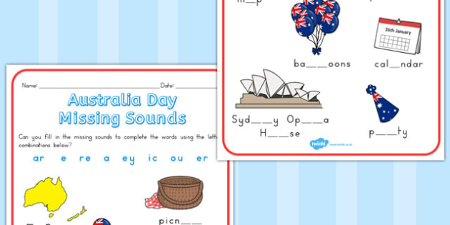 Australia Day Missing Sounds Worksheet - australia, sounds, sheet
