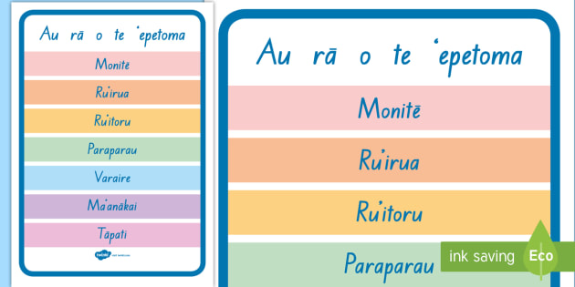 Cook Islands Language Days of the Week Display Poster
