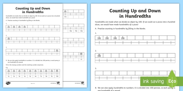 Counting in Hundredths (Up and Down) Worksheets