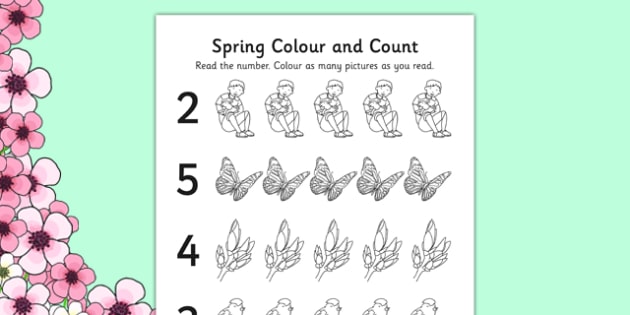 Springtime Themed Count and Colour Sheet