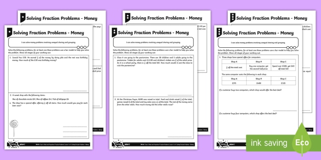 Solving Fraction Problems Money Differentiated Worksheet / Worksheets