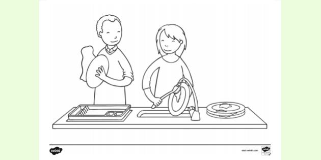 FREE! - Couple Washing and Drying Dishes Colouring Sheet