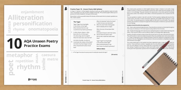 Unseen Poetry AQA: 10 GCSE Practice Exam Questions - KS4 Resource