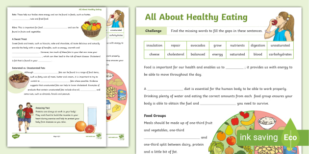 Healthy Eating Cloze Activity Sheet (teacher made)