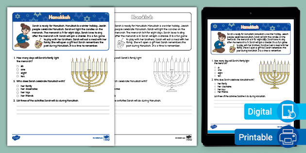 First Grade Hanukkah Reading Passage Comprehension Activity