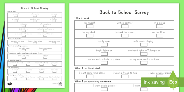 Back to School Learning Survey Worksheet / Activity Sheet - USA
