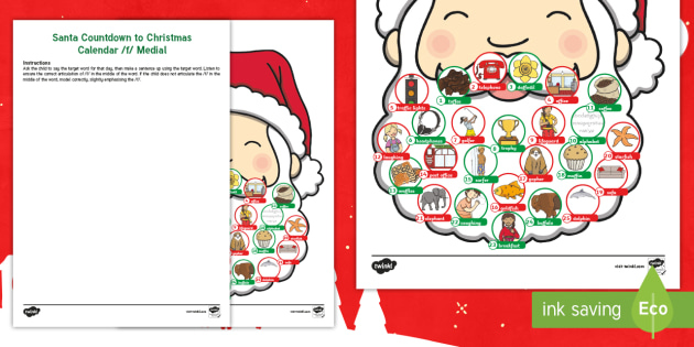 Santa Countdown to Christmas Calendar /f/ Medial Worksheet