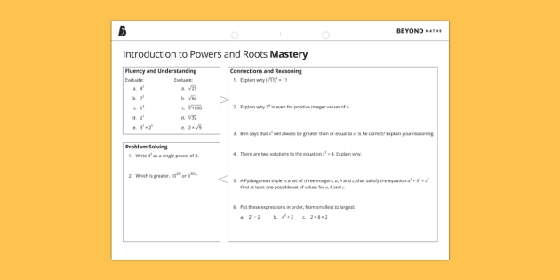 👉 Introduction to Powers and Roots Mastery Worksheet