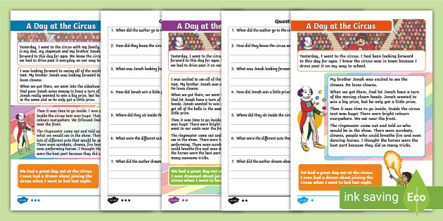 A Day at the Circus Differentiated Reading Comprehension - K-2